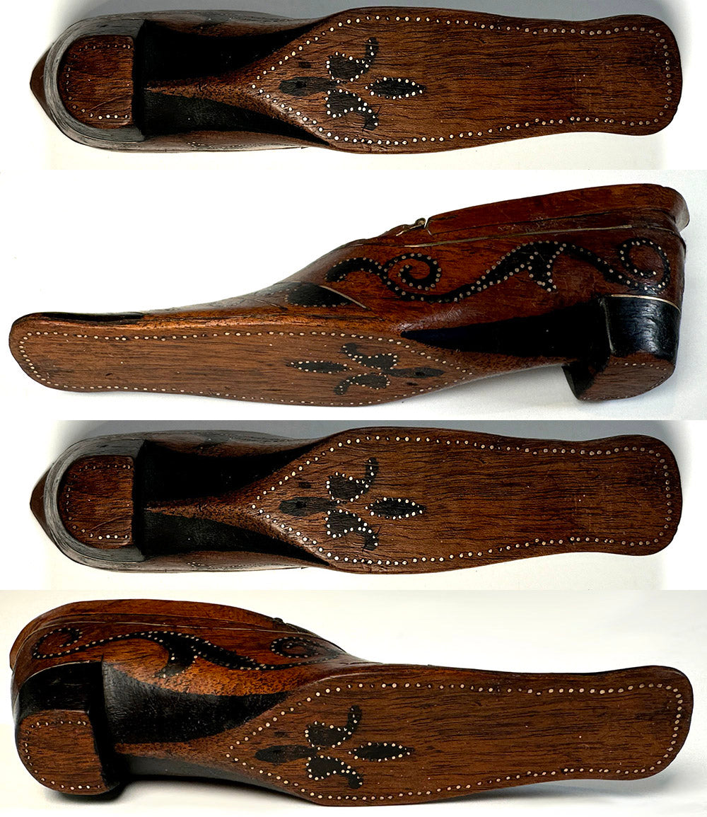 Antique French Hand Carved 6.5" Long Shoe or Boot Snuff Box, Pique, Ea ...