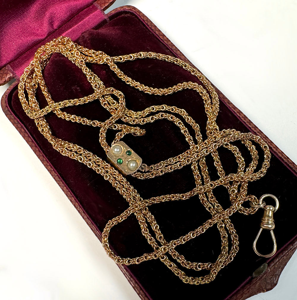 Antique 45" Fob Chain, 12k Gold with Jeweled Slide and 14k Clasp, In O ...
