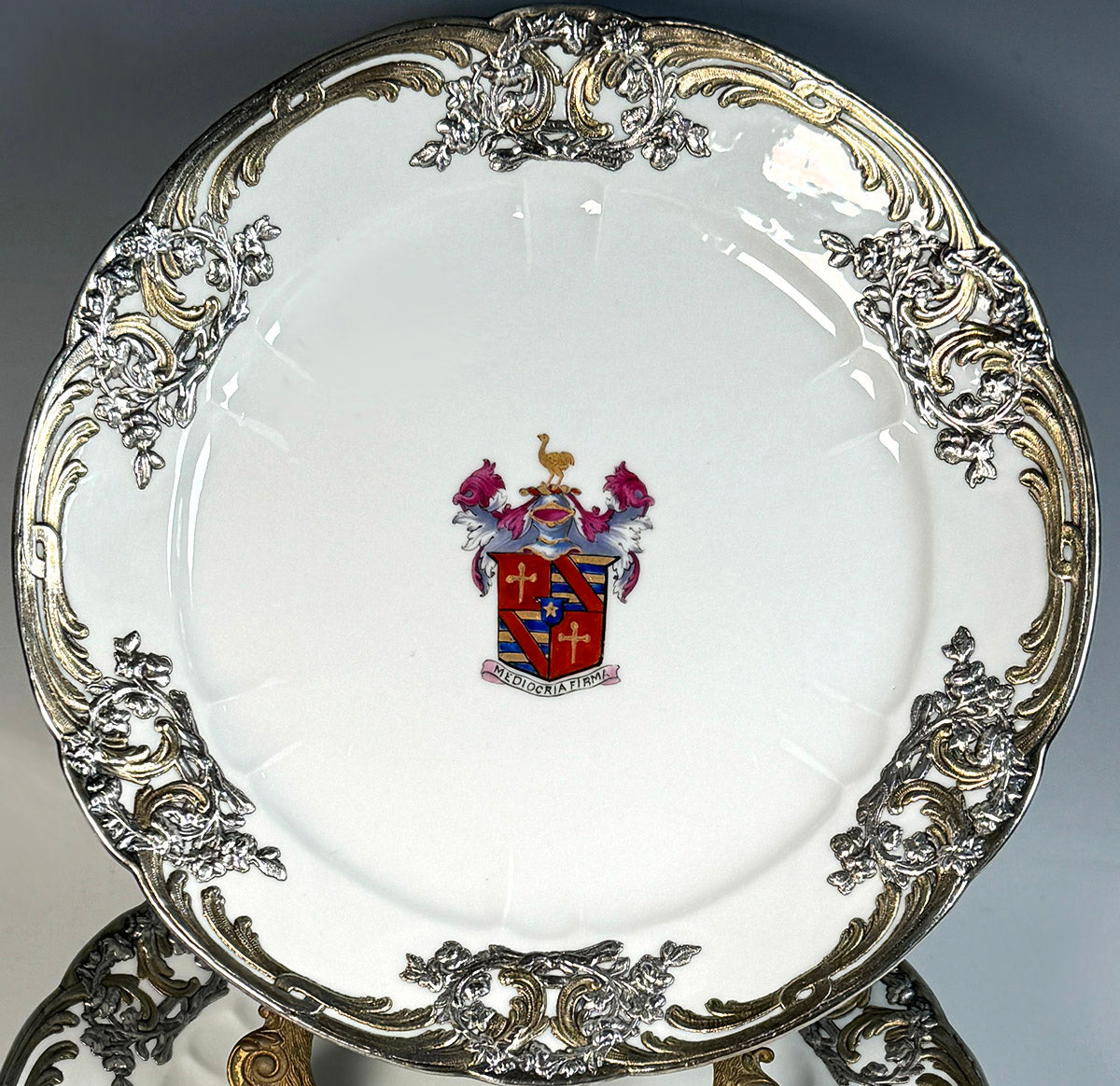 RARE Antique French 9.5" Plate Set, 6 Hand Painted Royal Crests and He ...