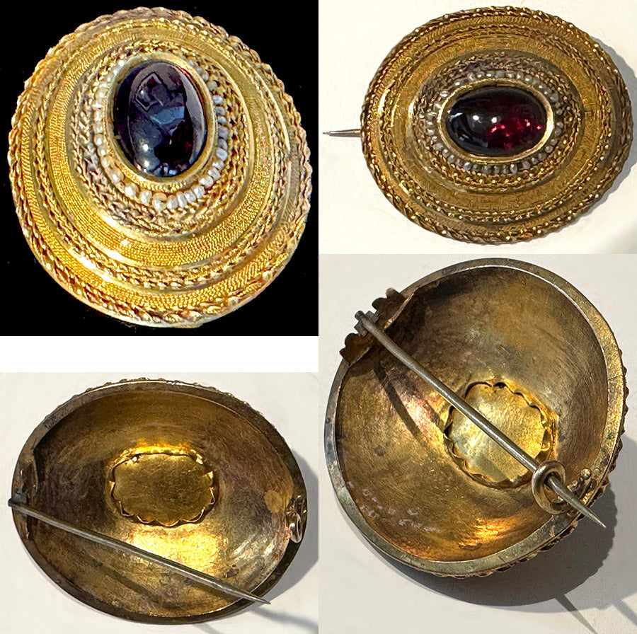 Antique Victorian Era 12k Gold Etruscan Revival Brooch, Large Garnet C ...