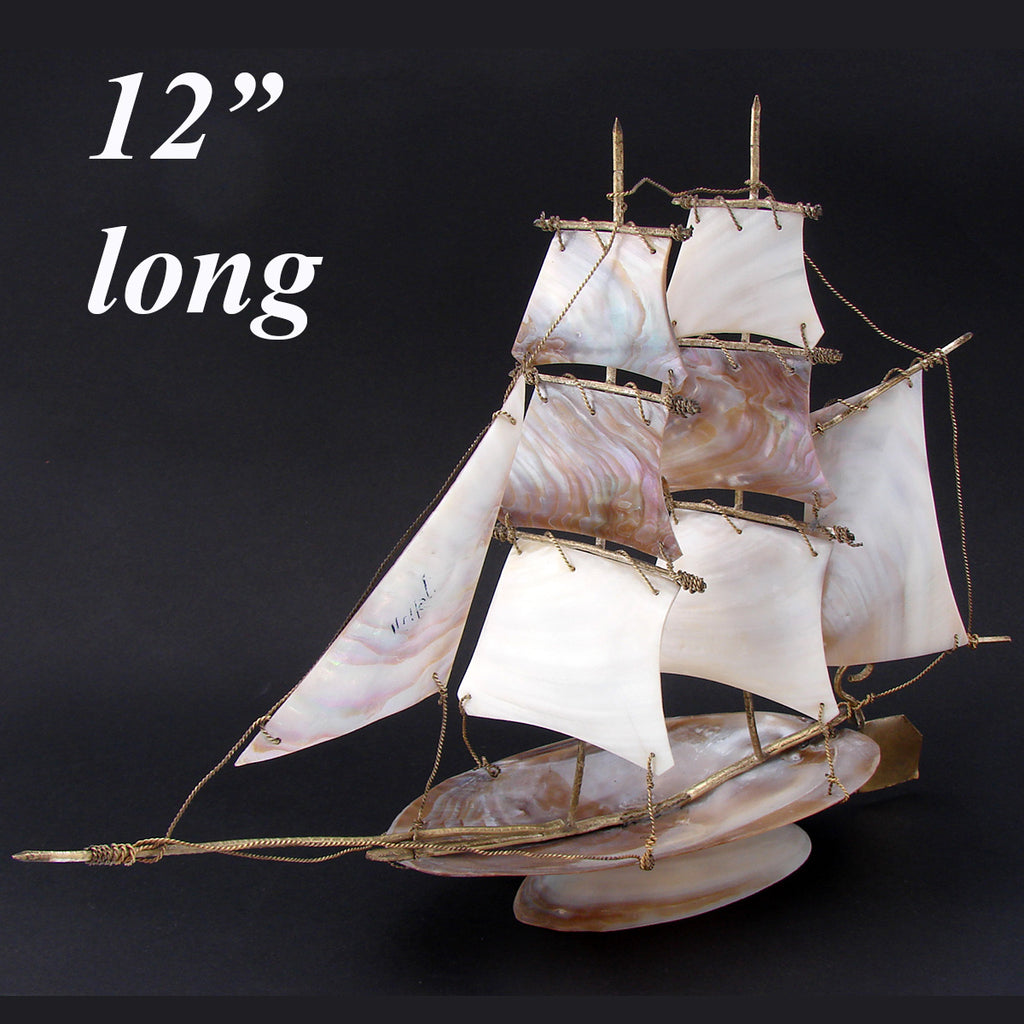 Antique Victorian Era 9 7/8" Tall Abalone & Brass 8-Sail Boat or Tall ...