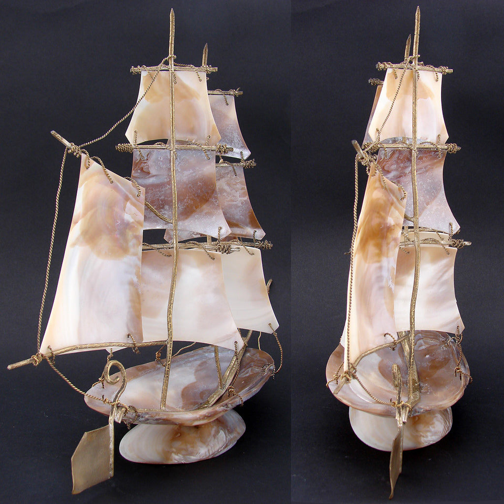 Antique Victorian Era 9 7/8" Tall Abalone & Brass 8-Sail Boat or Tall ...