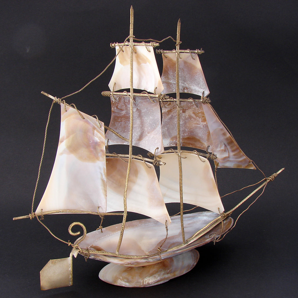 Antique Victorian Era 9 7/8" Tall Abalone & Brass 8-Sail Boat or Tall ...