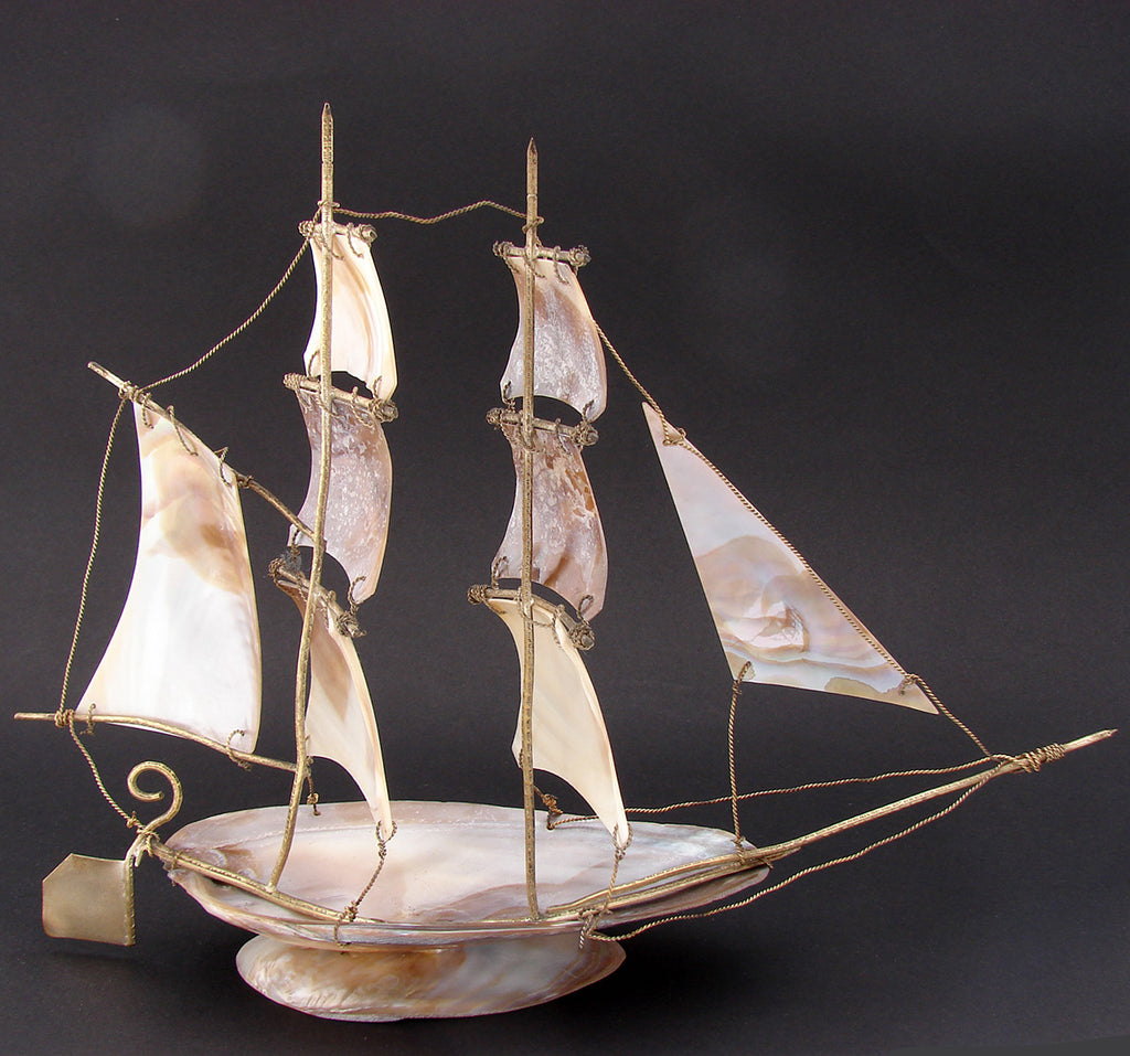 Antique Victorian Era 9 7/8" Tall Abalone & Brass 8-Sail Boat or Tall ...