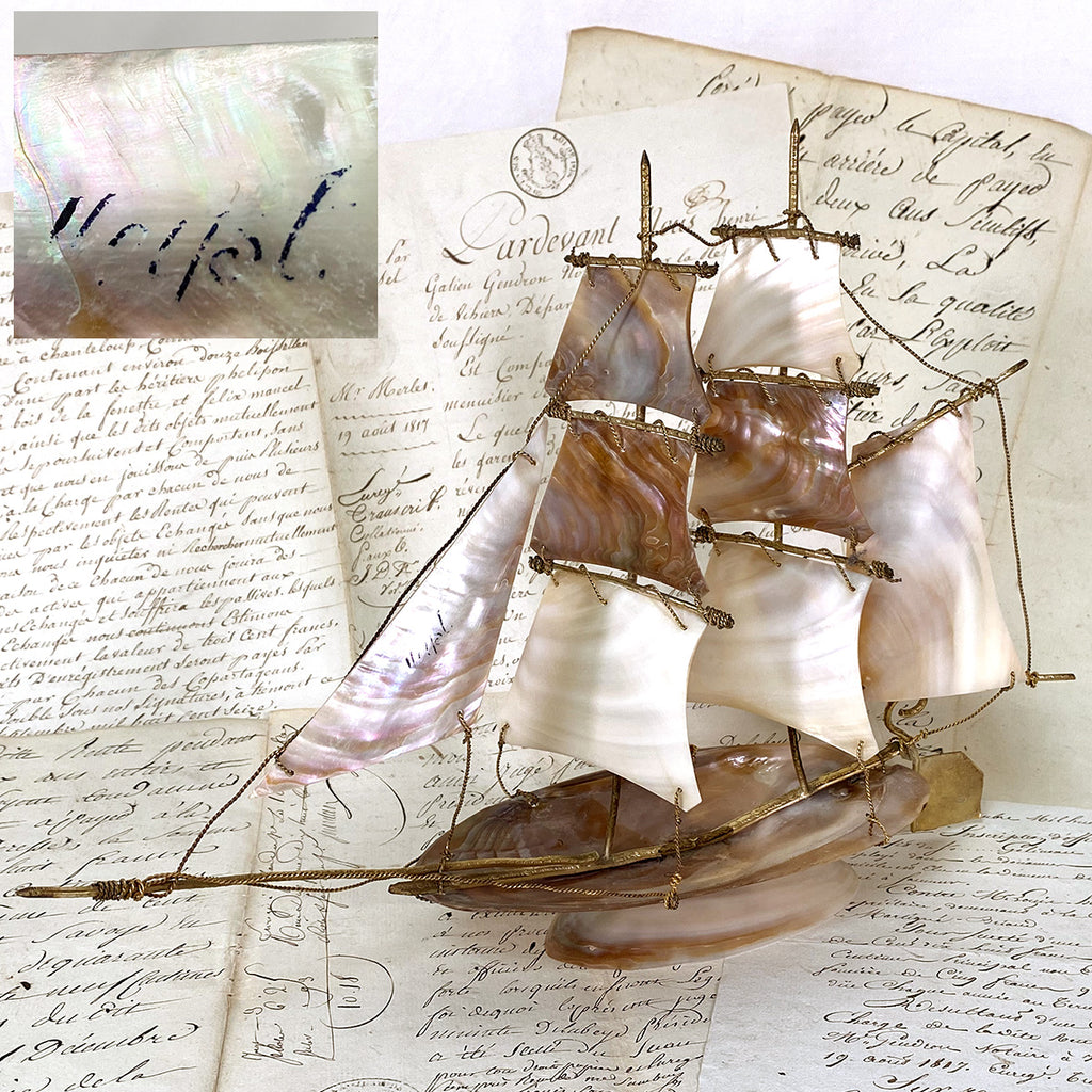 Antique Victorian Era 9 7/8" Tall Abalone & Brass 8-Sail Boat or Tall ...