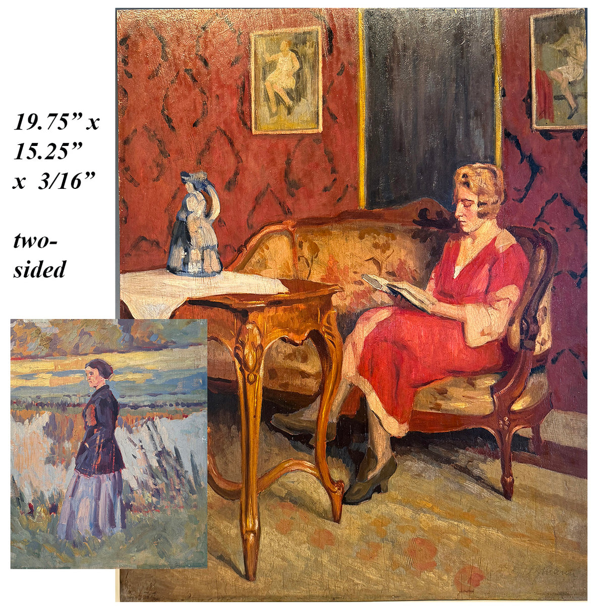 Antique c. 1920s French Oil Painting on Wood Board, Interior with Woma ...