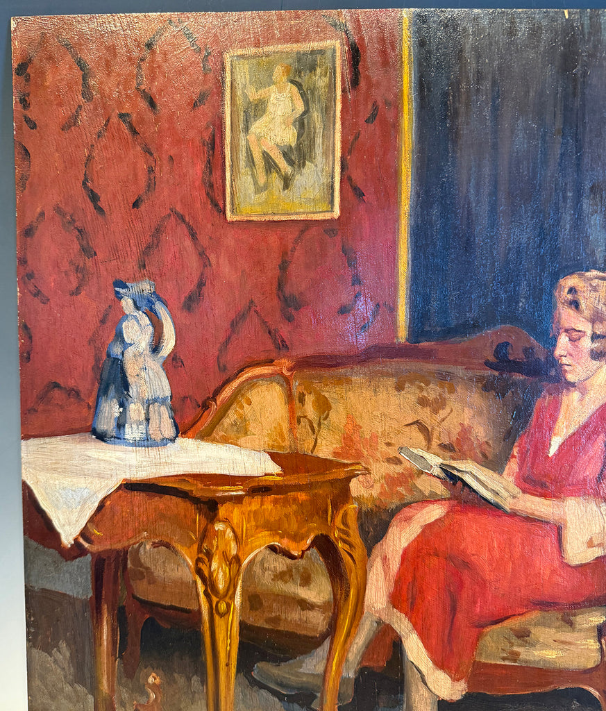 Antique c. 1920s French Oil Painting on Wood Board, Interior with Woma ...