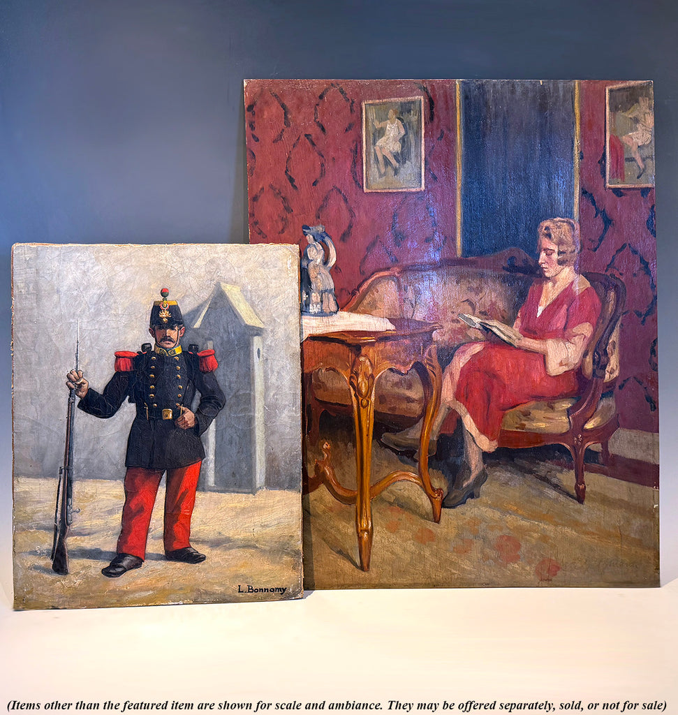 Antique c. 1920s French Oil Painting on Wood Board, Interior with Woma ...