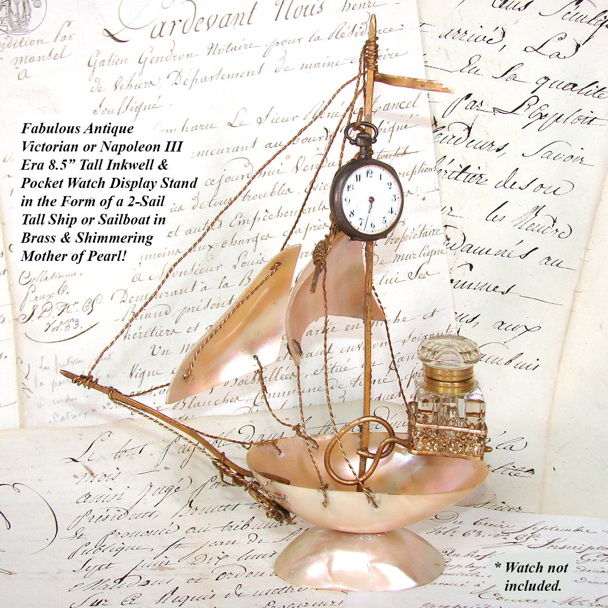 Antique French Mother of Pearl Shell Sail Boat 8.5" Tall w Inkwell, An ...