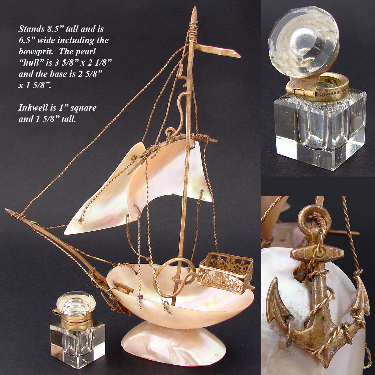 Antique French Mother of Pearl Shell Sail Boat 8.5" Tall w Inkwell, An ...