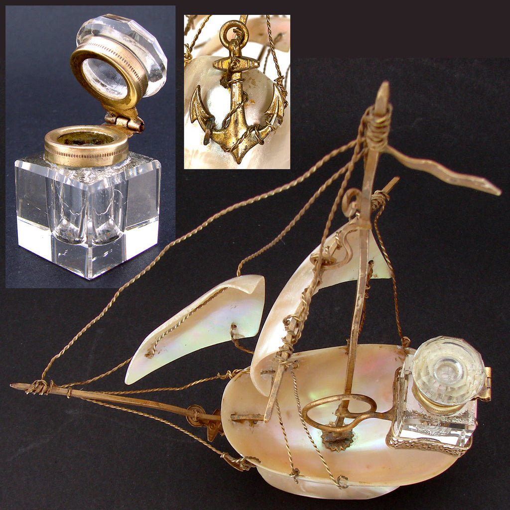 Antique French Mother of Pearl Shell Sail Boat 8.5" Tall w Inkwell, An ...
