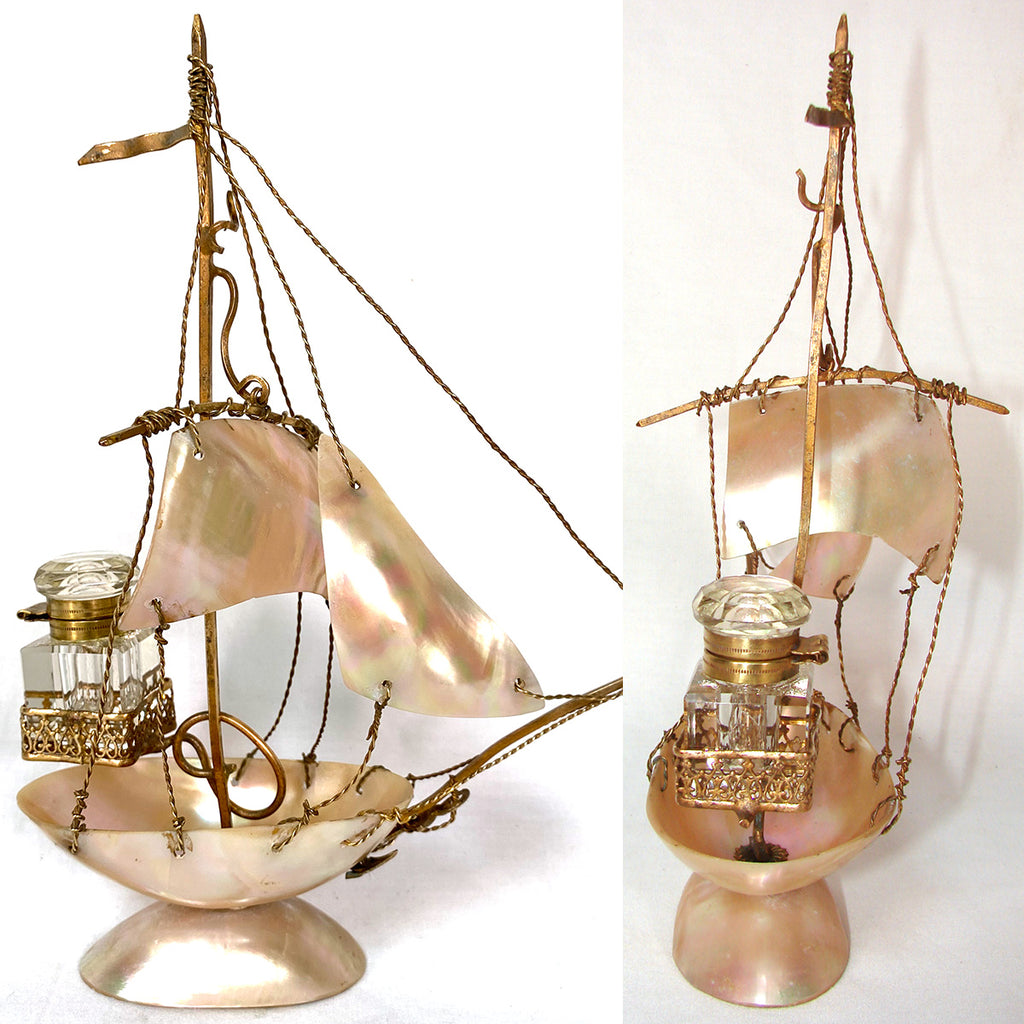 Antique French Mother of Pearl Shell Sail Boat 8.5" Tall w Inkwell, An ...