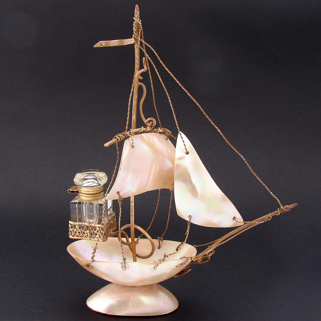 Antique French Mother of Pearl Shell Sail Boat 8.5" Tall w Inkwell, An ...