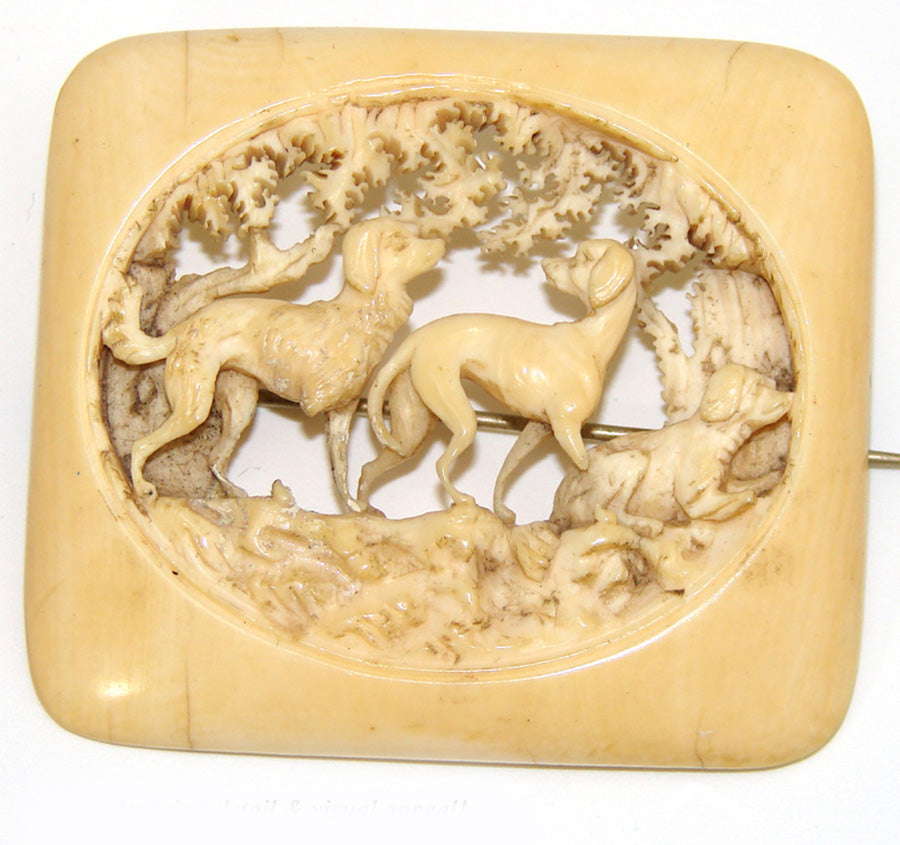 RARE Antique c.1830 to Early Victorian Carved Ivory Brooch w 3 Dogs, H ...