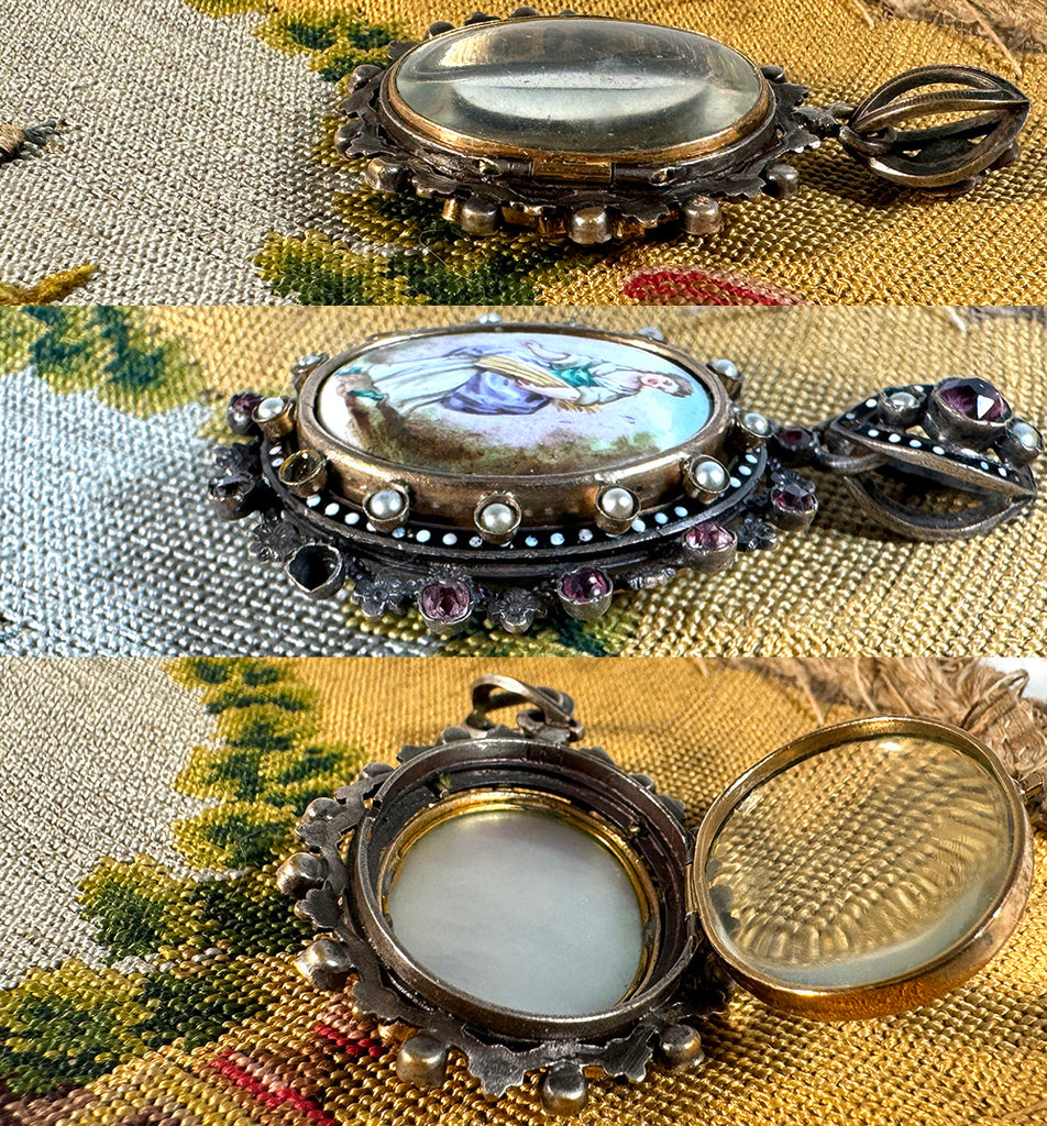 18th to Early 19th Century French Sterling, 12K Gold Locket Pendant Wi ...