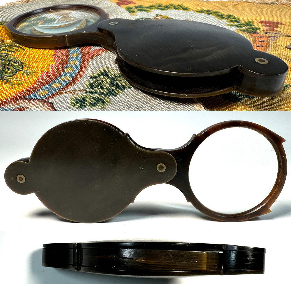 Large 4" Antique French Folding Magnifying Glass in Fine Horn Frame or ...