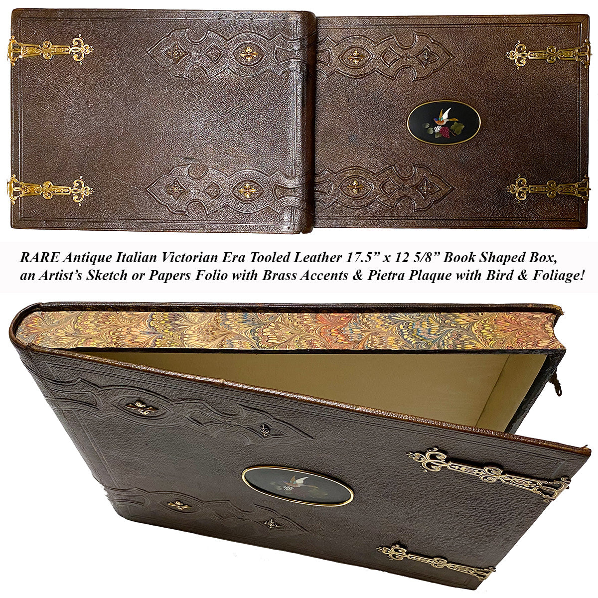 RARE Antique Italian Victorian Era Book Shaped Tooled Leather 17.5" Do ...