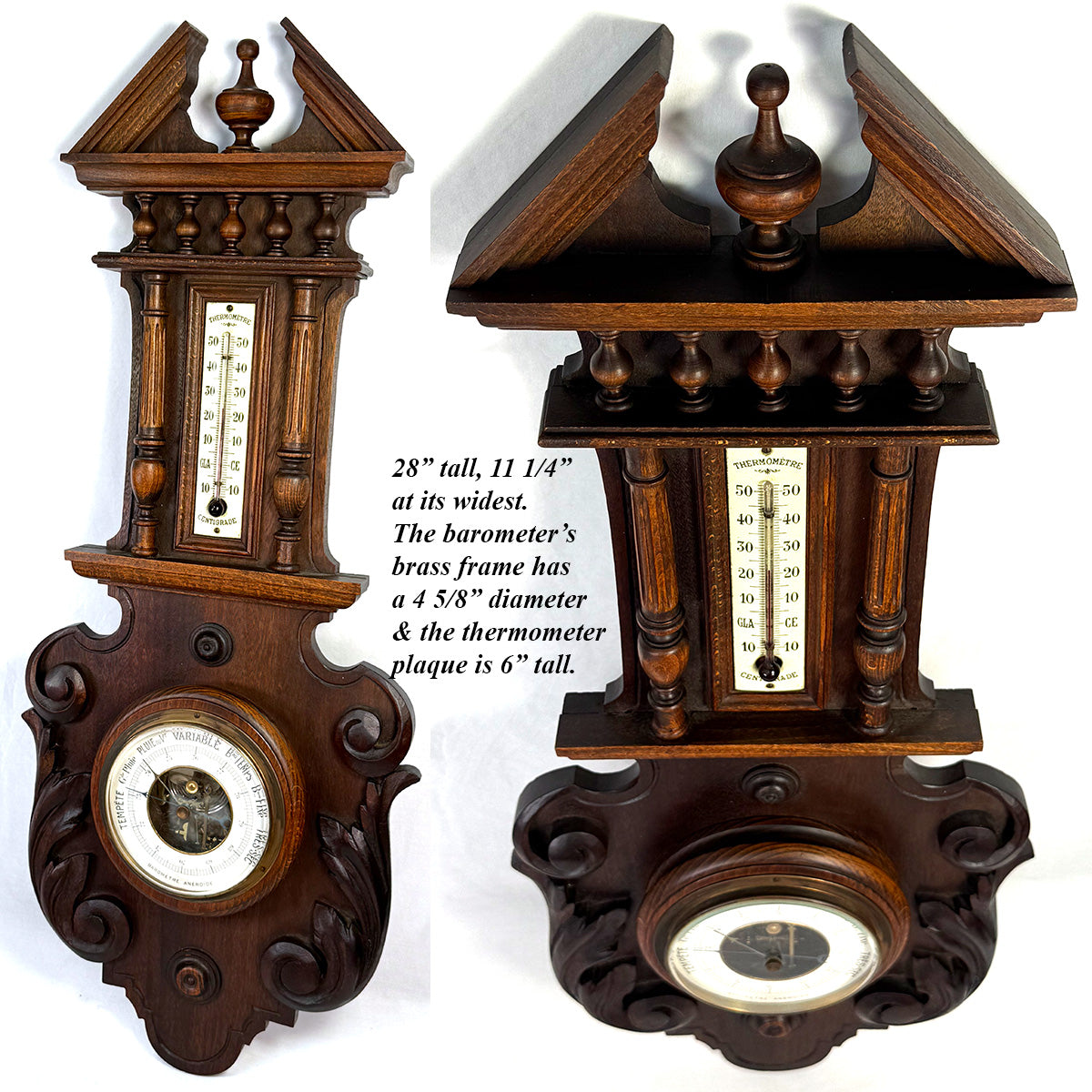 Antique Victorian Era 28" Wall Barometer & Thermometer, Ornate Carved ...