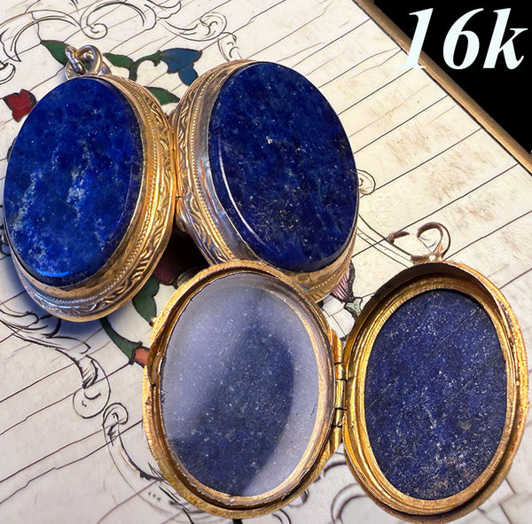 Antique 16k Gold Mounted Lapis Lazuli Mourning Memento Locket, Glass O ...