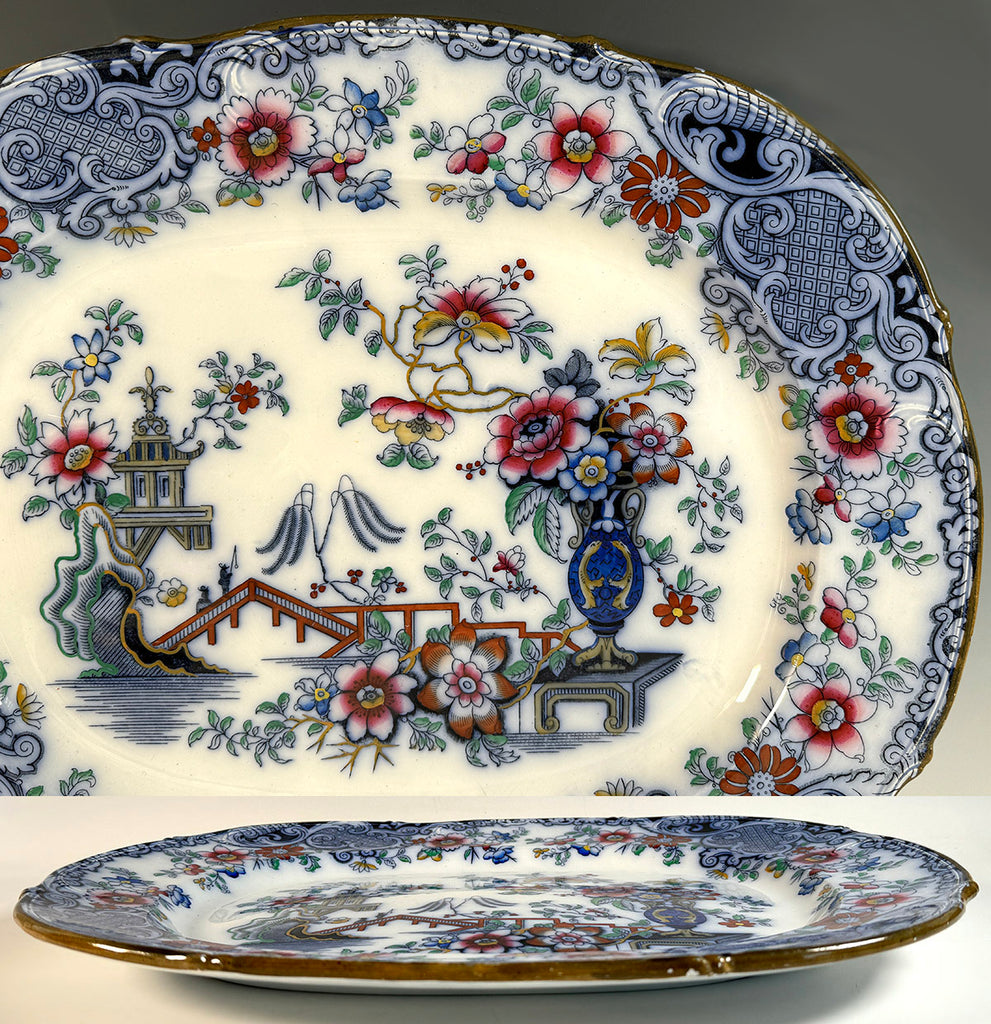 Antique English Staffordshire Pottery, Victorian 19" Flow Blue Imari P ...