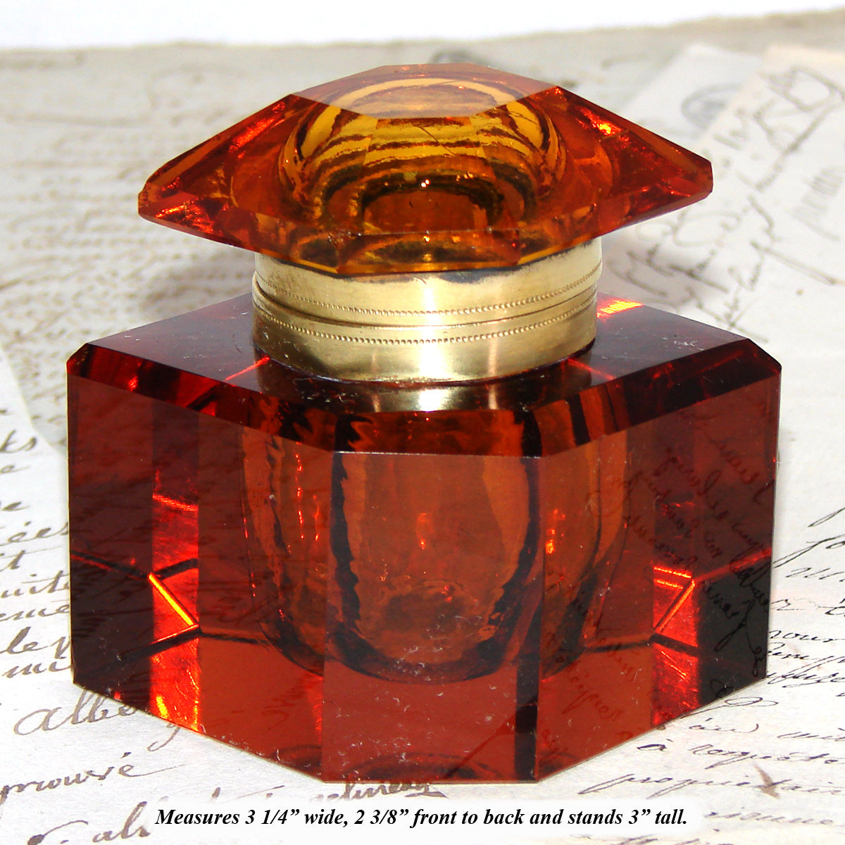 Lg Antique Victorian to Edwardian Era Amber Glass Desk Top Inkwell, Di ...