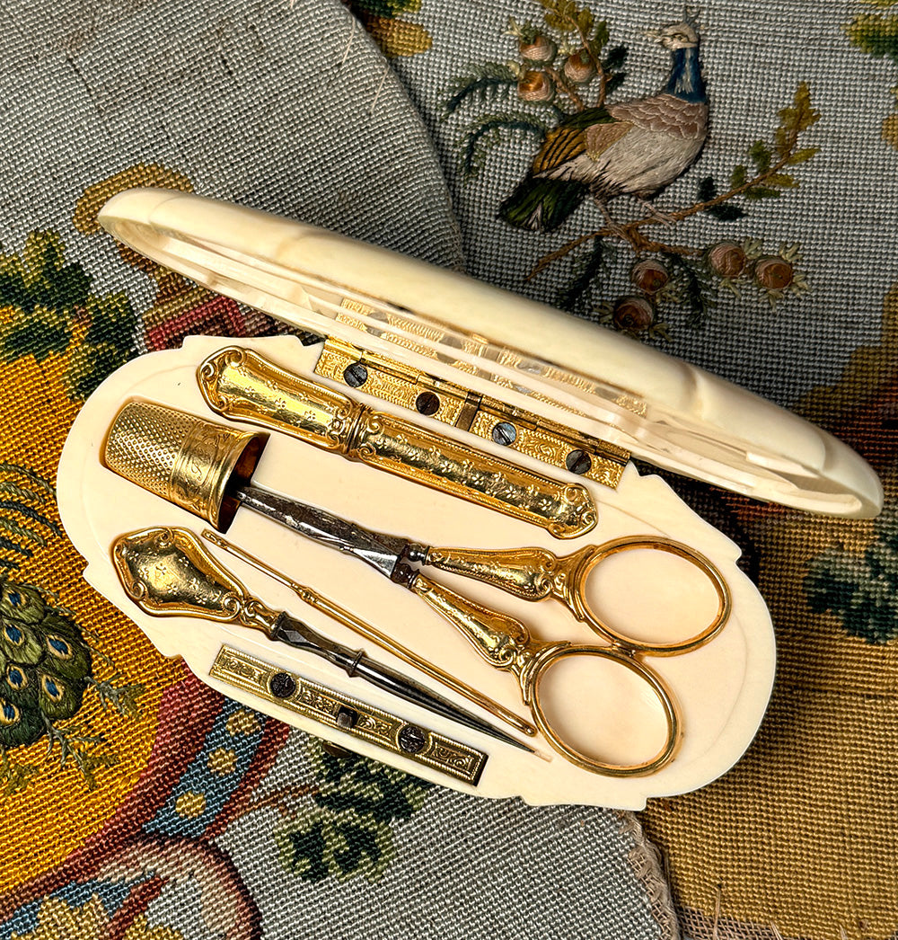 Pristine Antique c.1840s French 18k Sewing Tools in Ivory Etui, Necéss ...