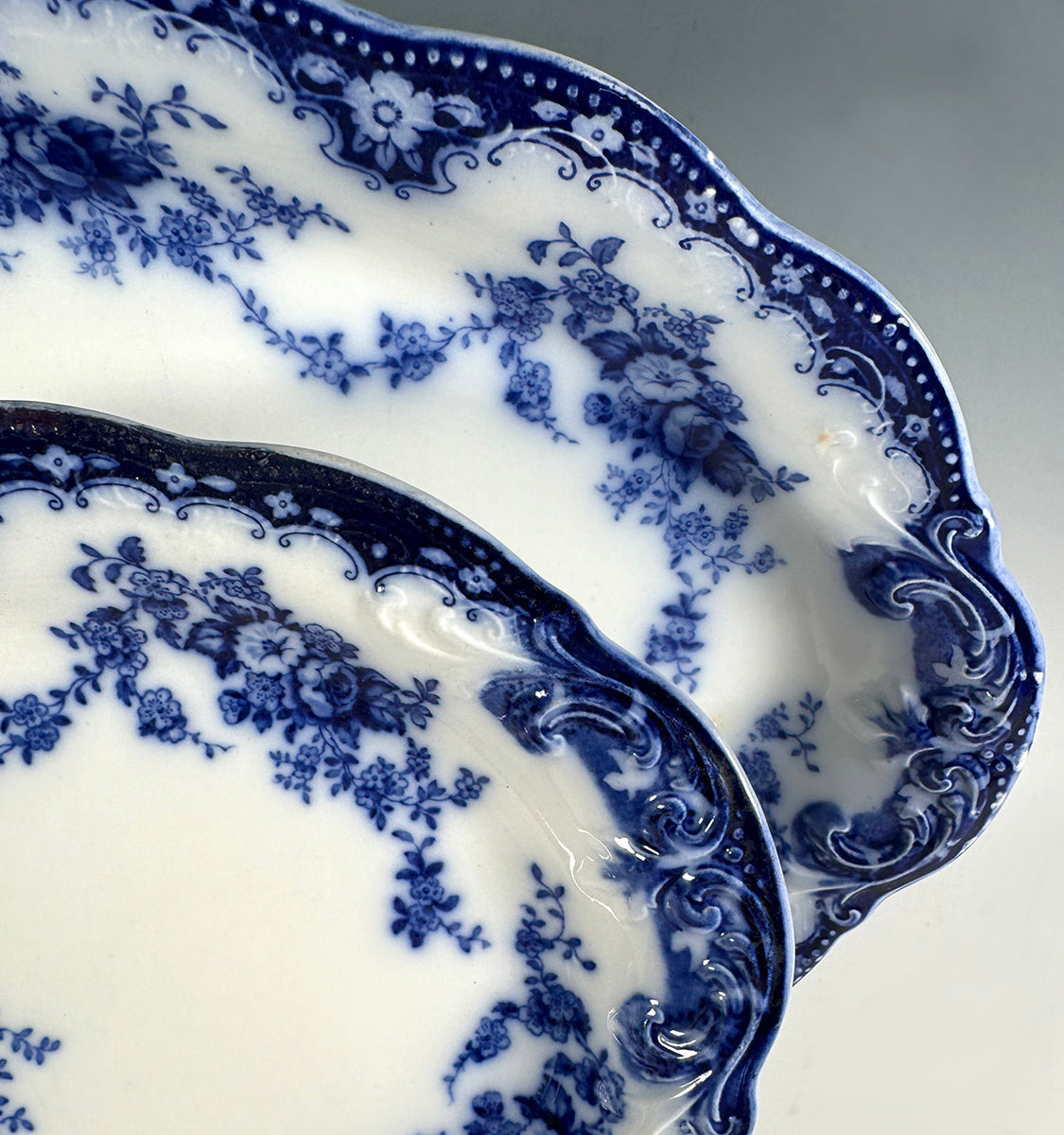Pair of Large Antique English China Victorian Flow Blue Serving Platte ...