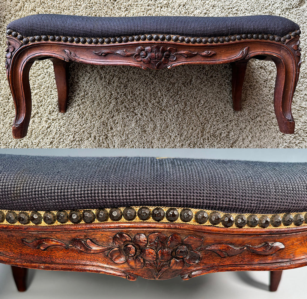 Antique to Vintage French Carved Wood Foot Stool or Bench, Needlepoint ...