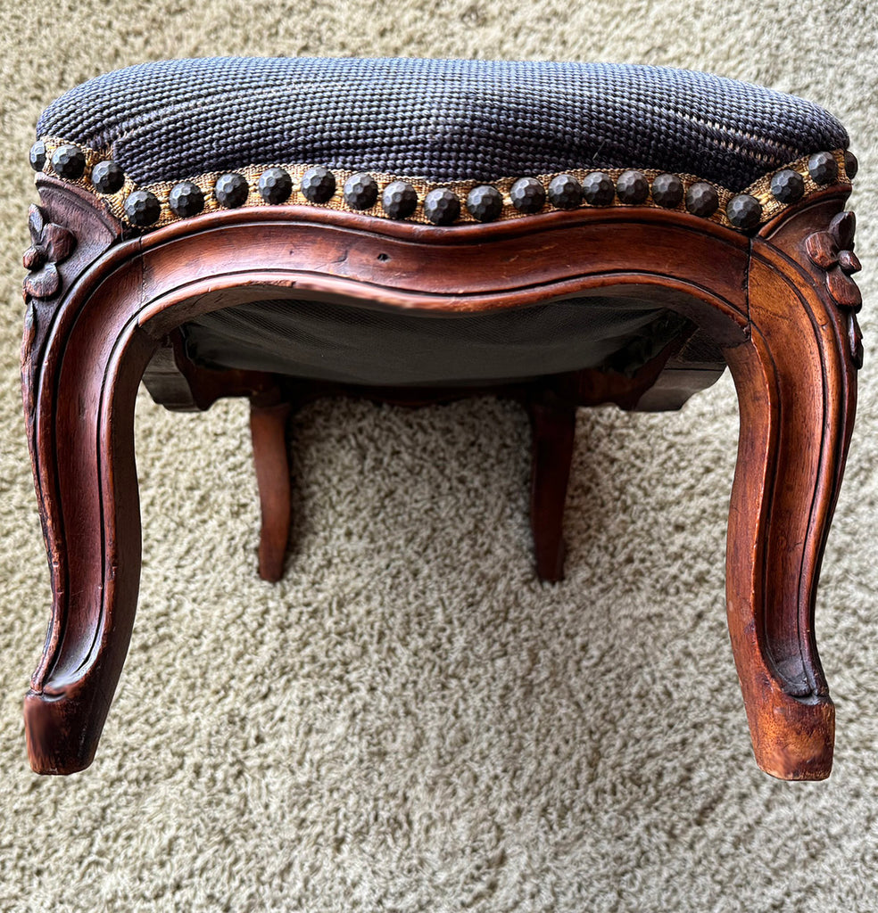 Antique to Vintage French Carved Wood Foot Stool or Bench, Needlepoint ...
