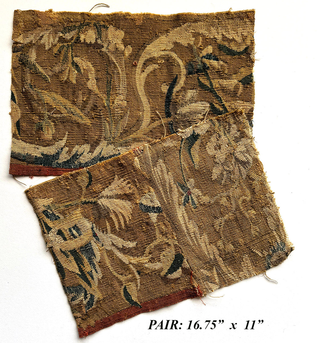 PAIR 17th Century Antique French Wool Tapestry Panel Fragments for Opu ...