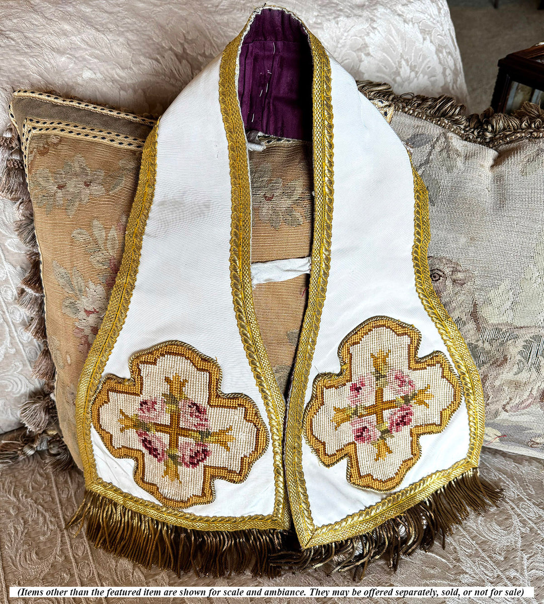 Antique French Made Catholic Silk Embroidery on Silk Ecclesiastical Wh ...