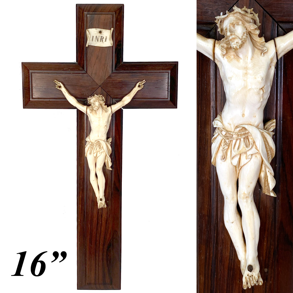 Museum Quality Antique 16" Rosewood Crucifix with Carved Ivory Christ ...