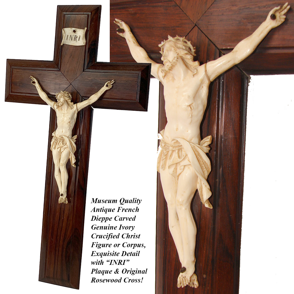 Museum Quality Antique 16" Rosewood Crucifix with Carved Ivory Christ ...