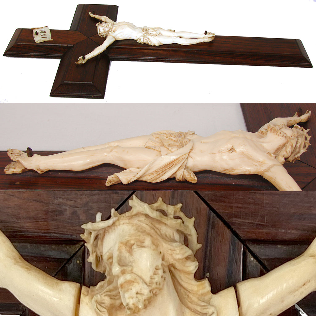 Museum Quality Antique 16" Rosewood Crucifix with Carved Ivory Christ ...