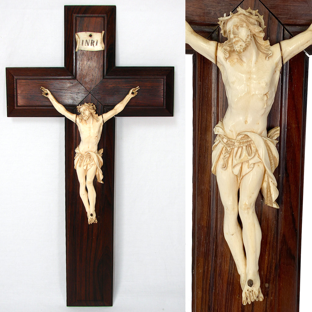 Museum Quality Antique 16" Rosewood Crucifix with Carved Ivory Christ ...