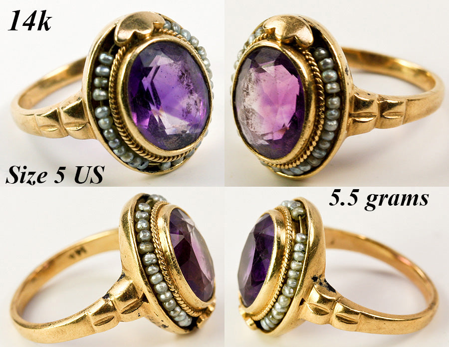 Antique Edwardian 14k Gold, Seed Pearl and 11mm x 8mm Facet-cut Amethy ...