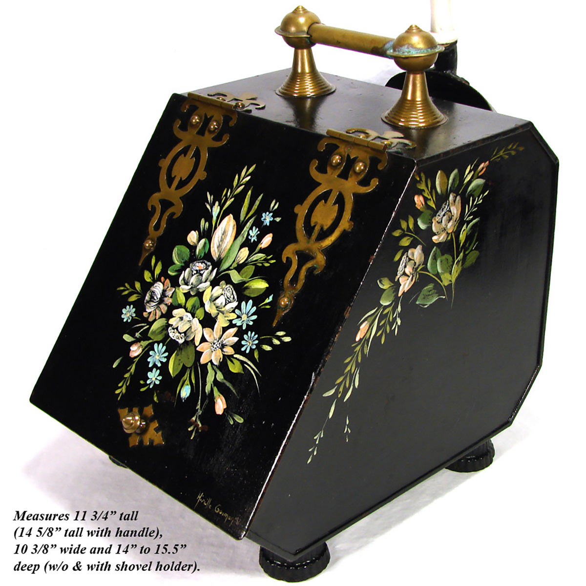 Antique Victorian Toleware Coal Scuttle, Hand Painted Floral on Black ...