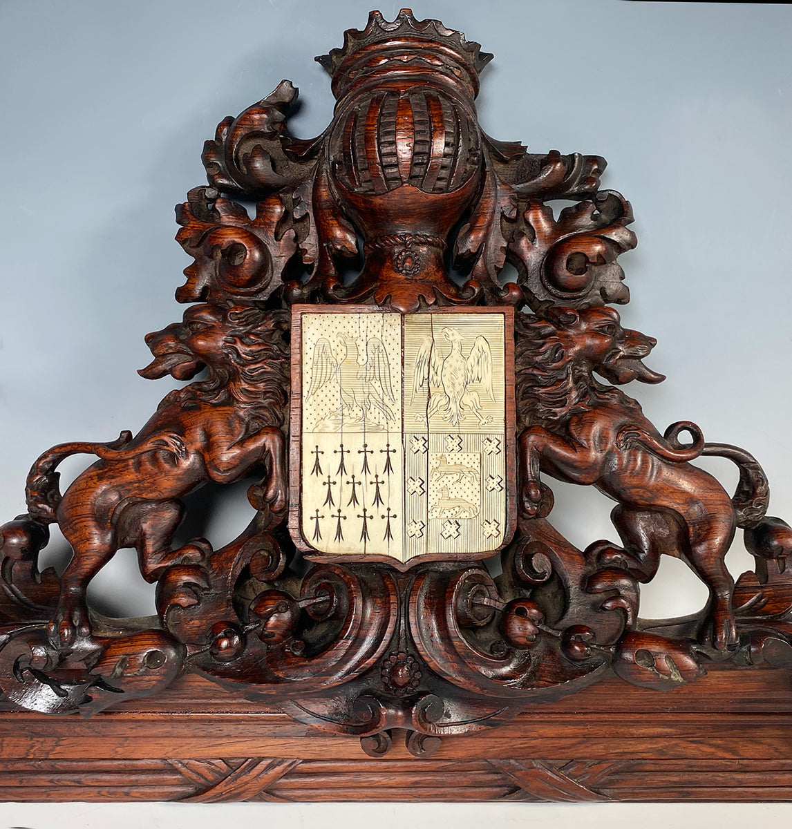 Superb Antique Hand Carved 25.5" Fronton, Crest w Lions, Crown Helmet ...