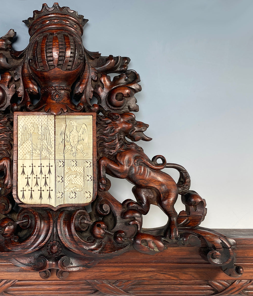 Superb Antique Hand Carved 25.5" Fronton, Crest w Lions, Crown Helmet ...
