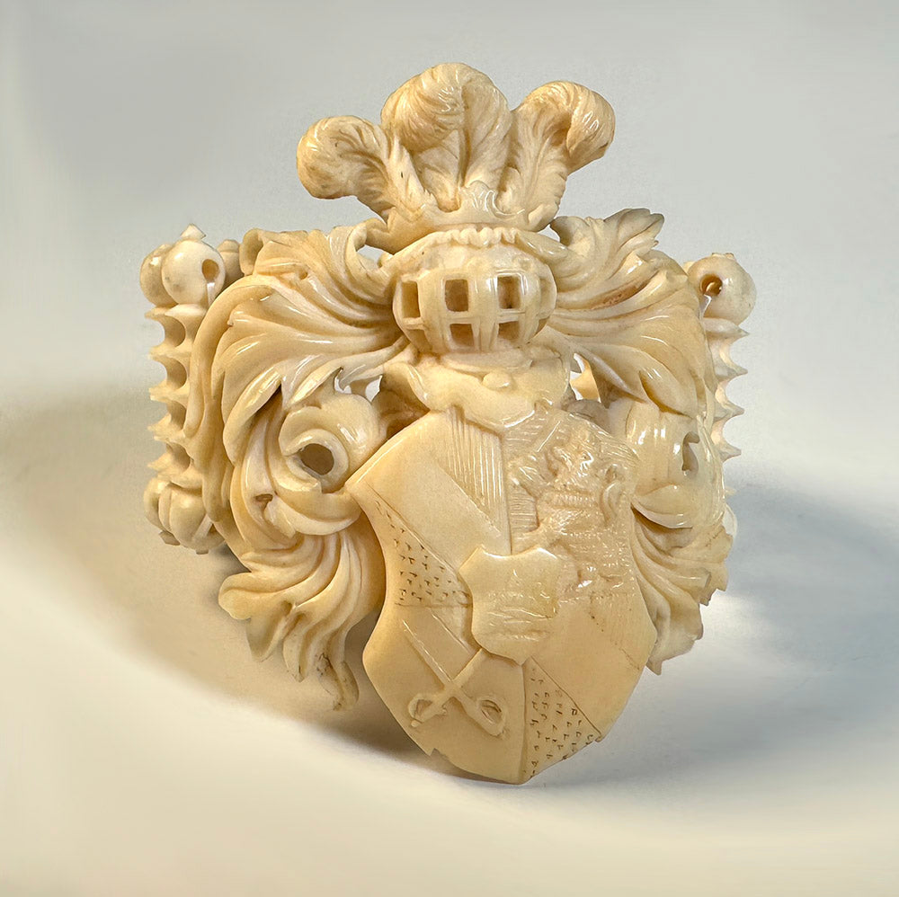 Rare Antique Carved Ivory Bracelet, Armorial Crest, Knight, early to m ...