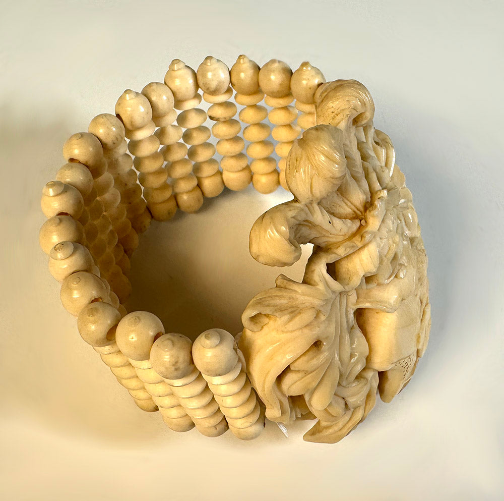 Rare Antique Carved Ivory Bracelet, Armorial Crest, Knight, early to m ...