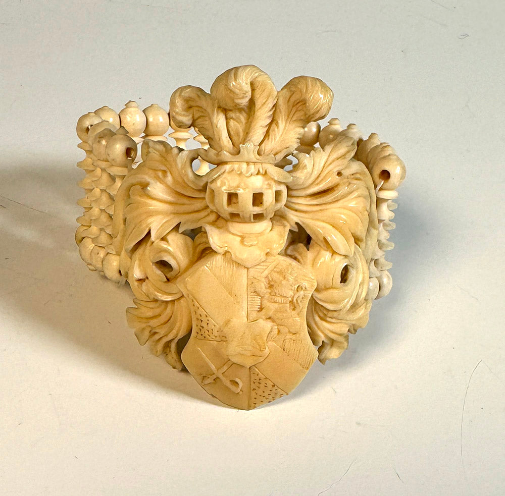 Rare Antique Carved Ivory Bracelet, Armorial Crest, Knight, early to m ...