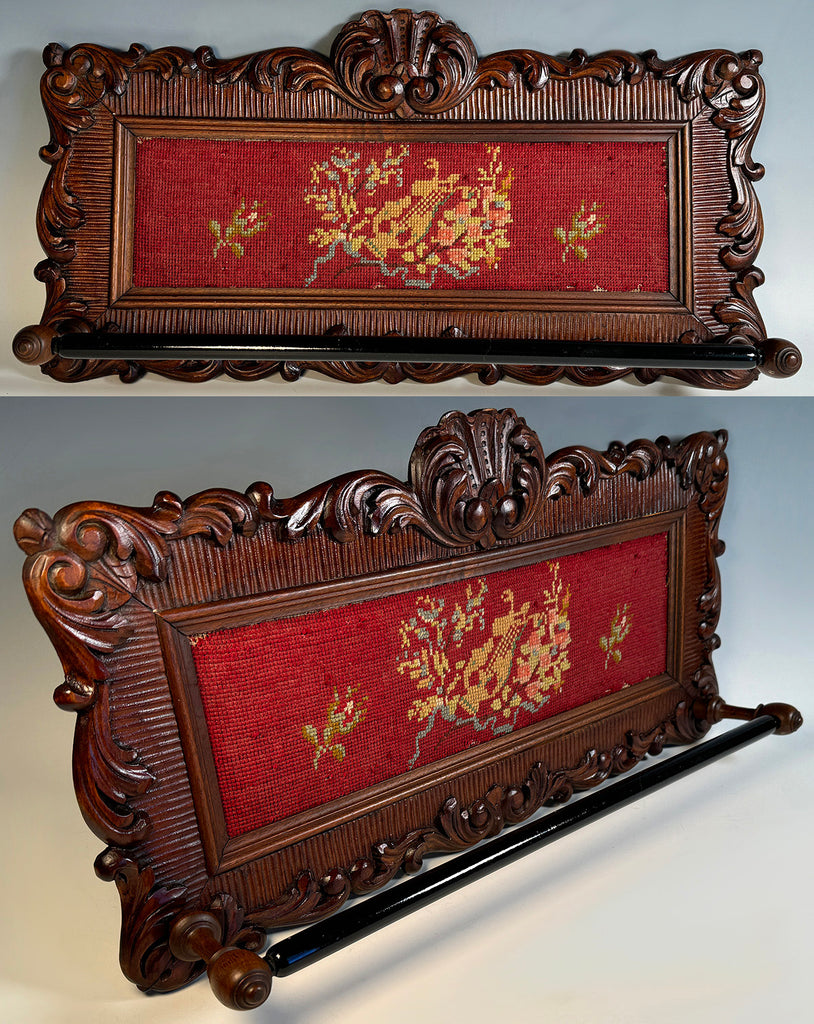 Antique Hand Carved 22"+ French Plaque and Towel Rack with Needlepoint ...