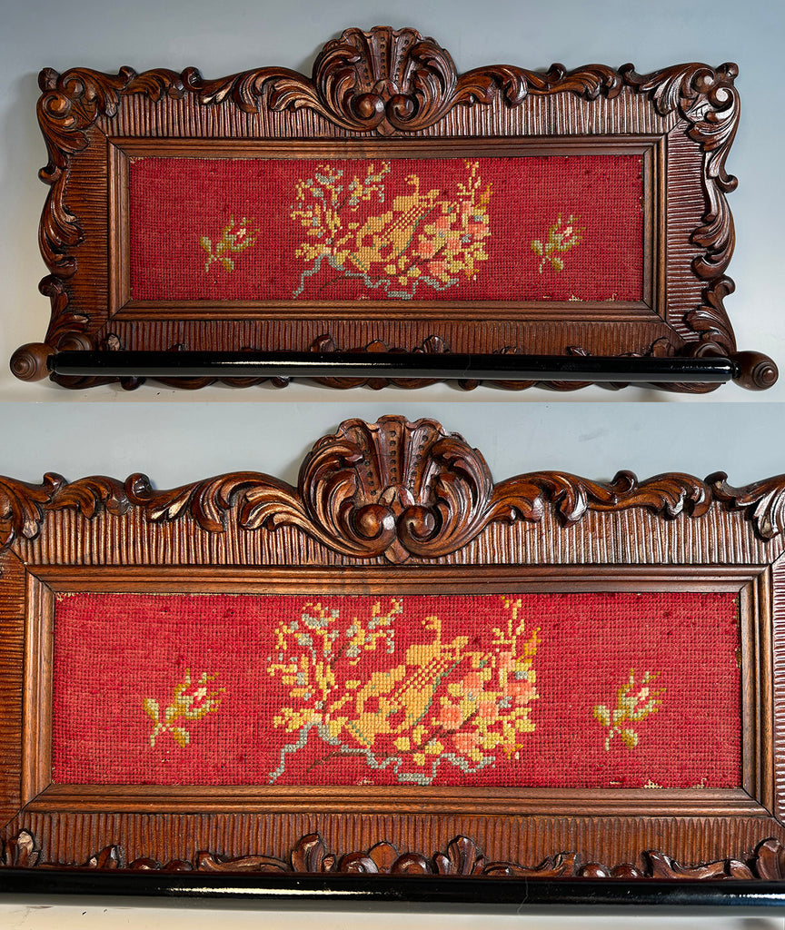 Antique Hand Carved 22"+ French Plaque and Towel Rack with Needlepoint ...