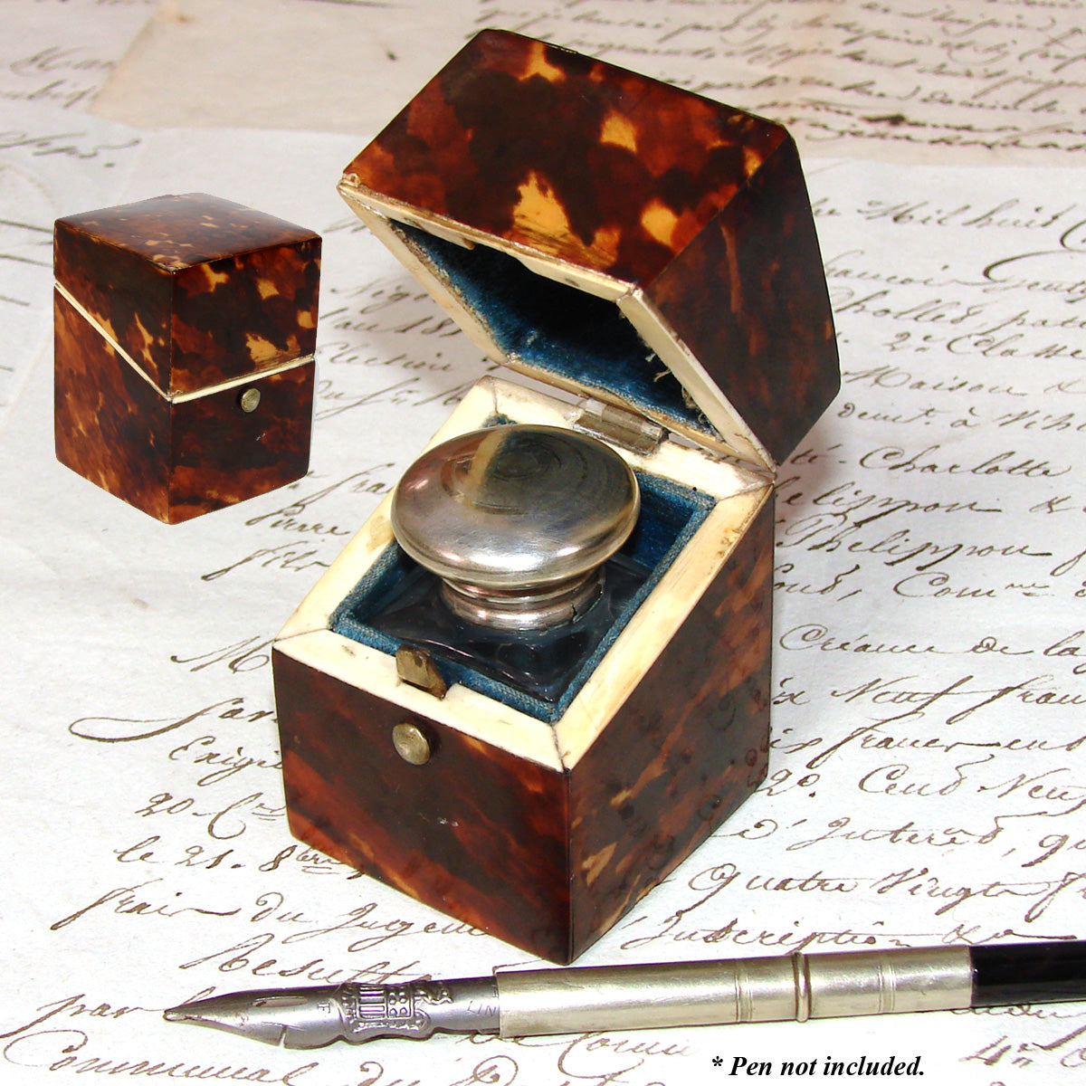 Rare Antique Victorian Era Travel Inkwell in Genuine Tortoise Shell Bo ...