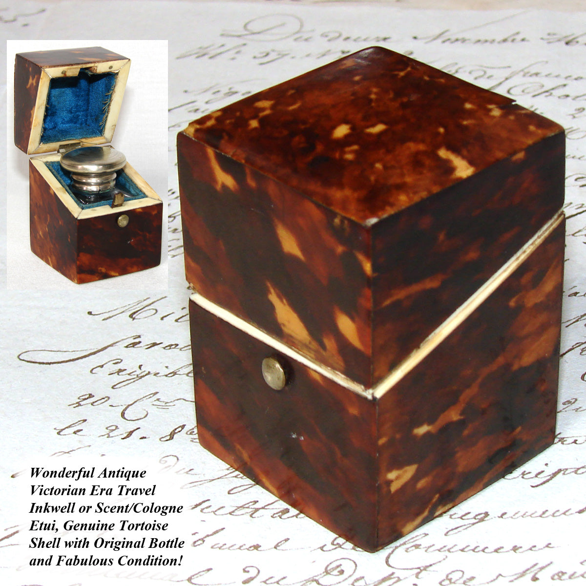 Rare Antique Victorian Era Travel Inkwell in Genuine Tortoise Shell Bo ...