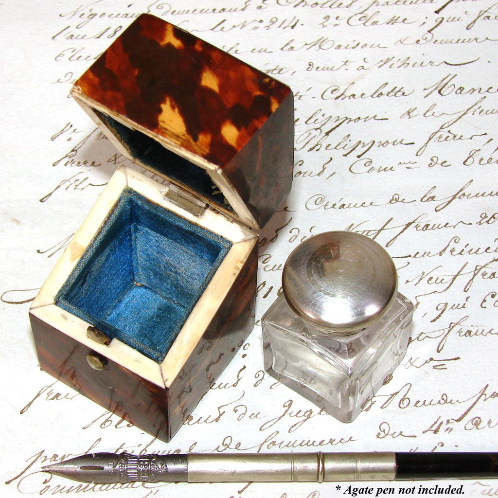 Rare Antique Victorian Era Travel Inkwell in Genuine Tortoise Shell Bo ...