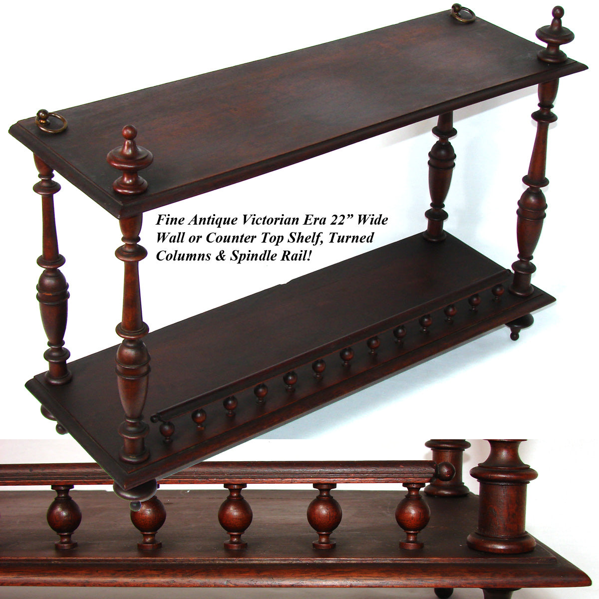 Antique Victorian Era 22" Wide Wall or Counter Top Shelf, Turned Wood ...
