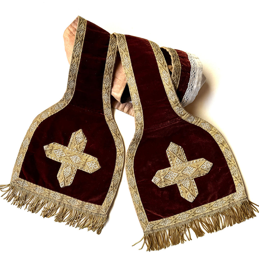 Antique French Catholic Maniple, 88" Ceremonial Stole, Velvet and Embr ...