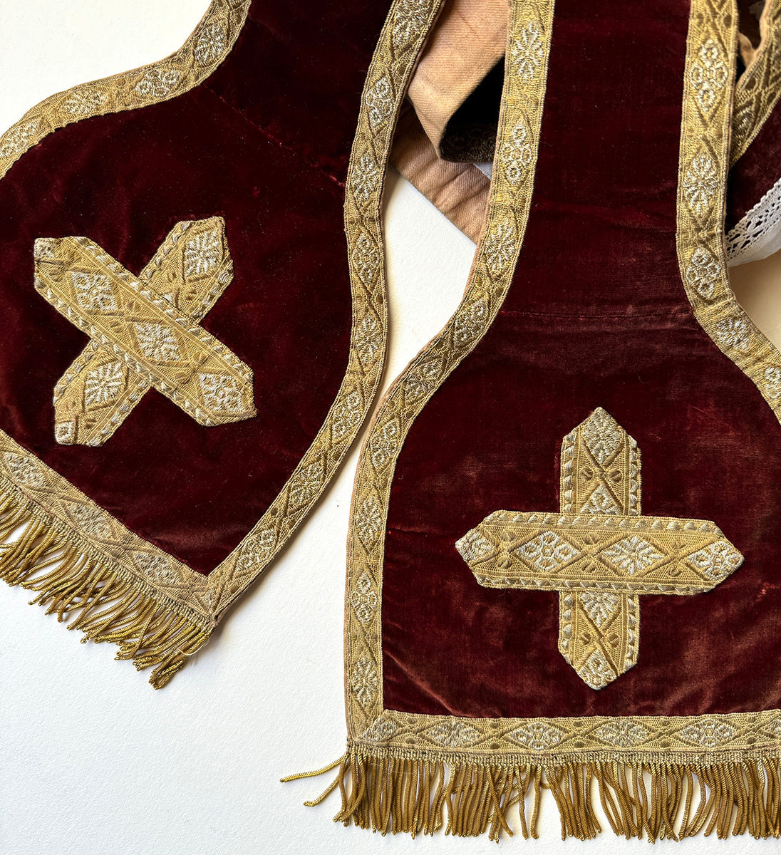 Antique French Catholic Maniple, 88" Ceremonial Stole, Velvet and Embr ...